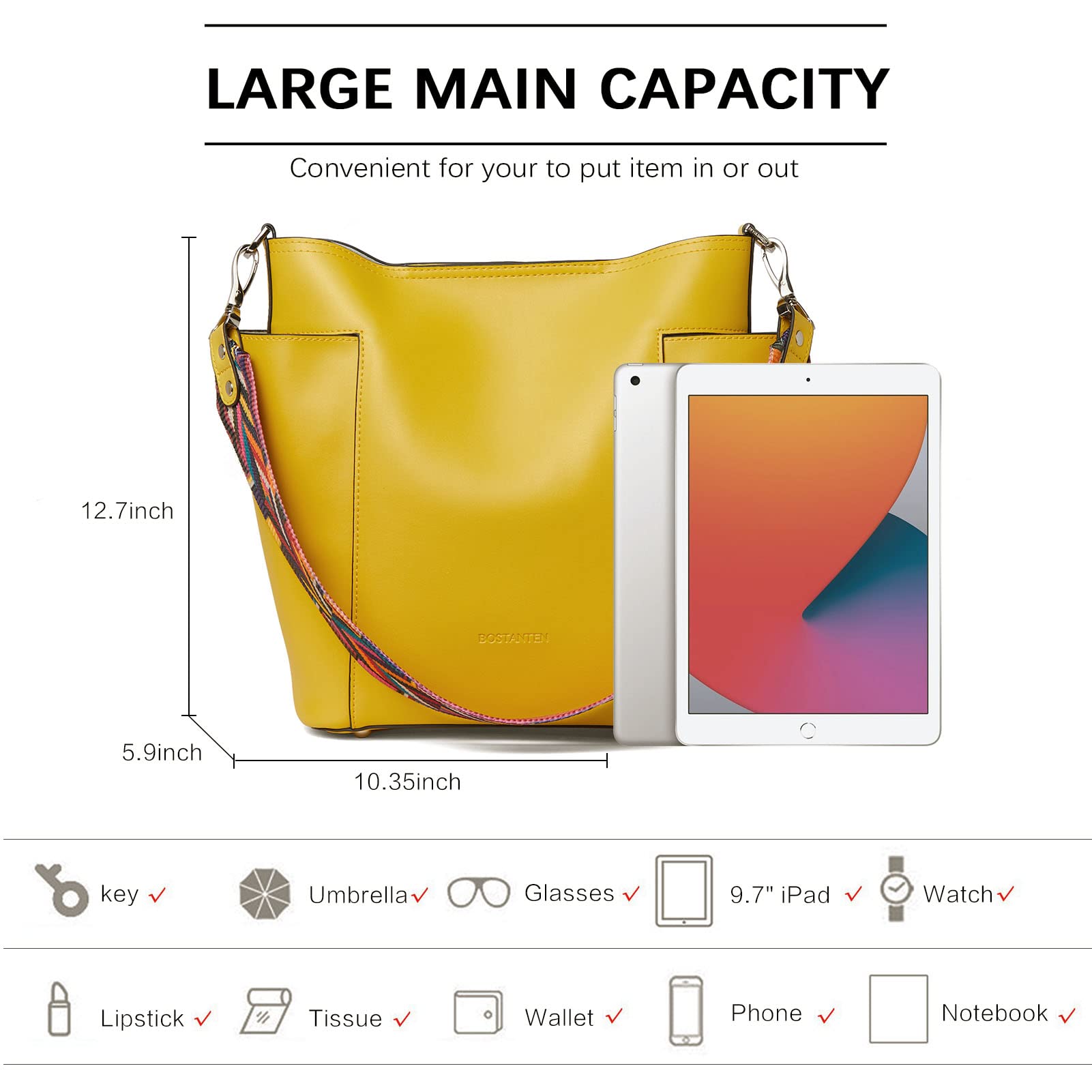 BOSTANTEN Genuine Leather Bucket Handbag Designer Hobo Shoulder Bag Tote Purses and Handbags Set with Clutch Purses Yellow-grainy