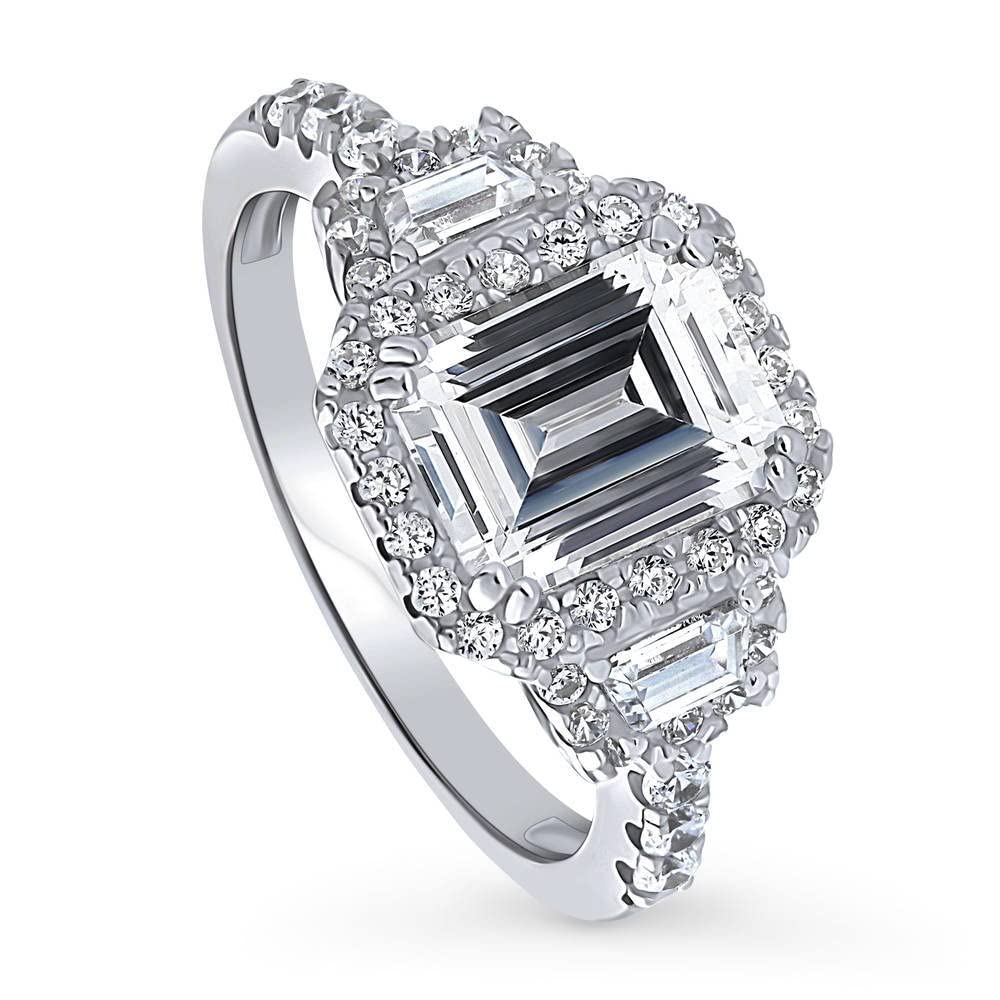 BERRICLE Sterling Silver 3-Stone Wedding Engagement Rings Step Emerald Cut Cubic Zirconia CZ Halo Ring for Women, Rhodium Plated Size 9