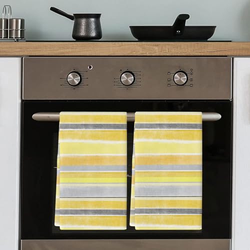 Beisseid Kitchen Dish Towels Ombre Yellow Grey Stripe Dish Cloth Fingertip Hand Towels Geometric Design Super Absorbent Soft Cotton Tea Towel 4 PCS
