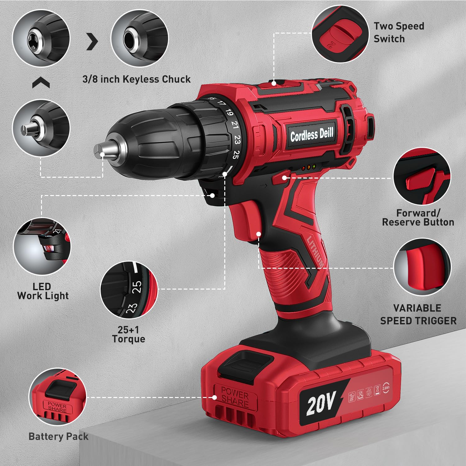 Cordless Drill 20V, Drill Set with 42pcs Accessories and Battery 2.0Ah, Electric Drill 25+1 Position, 2 Speed, 3/8 Inch Keyless Chuck, LED Light, Power Drill for Home DIY and Garden Repair