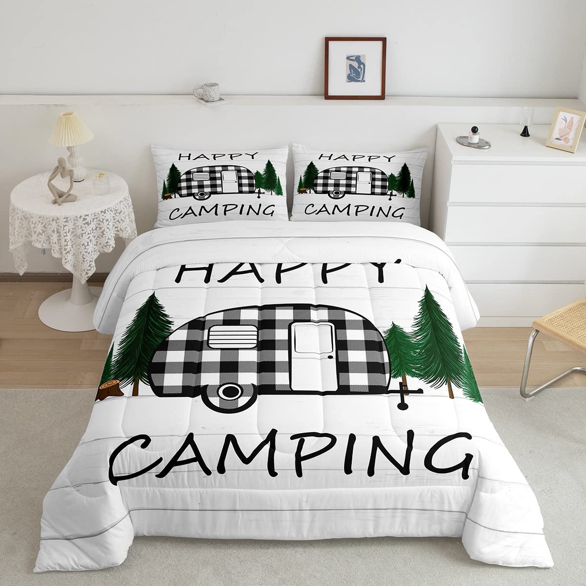 Erosebridal Happy Camping Bedding Set Camping Comforter Set Twin Size,Vehicles Camping Decor Camp Travel Car Duvet Insert Vintage Cabin Quilted Duvet Rustic Farmhouse Style Bedroom Decor