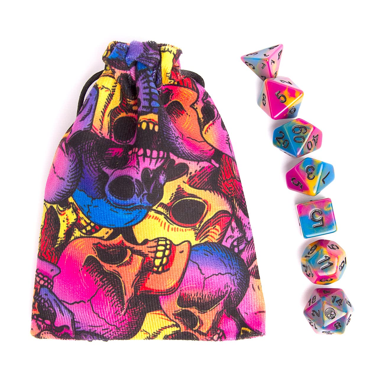 Rollooo Rainbow Skull DND Dice Set with Matching Velvet Drawstring Bag for Dungeons and Dragons Role Playing Table Game