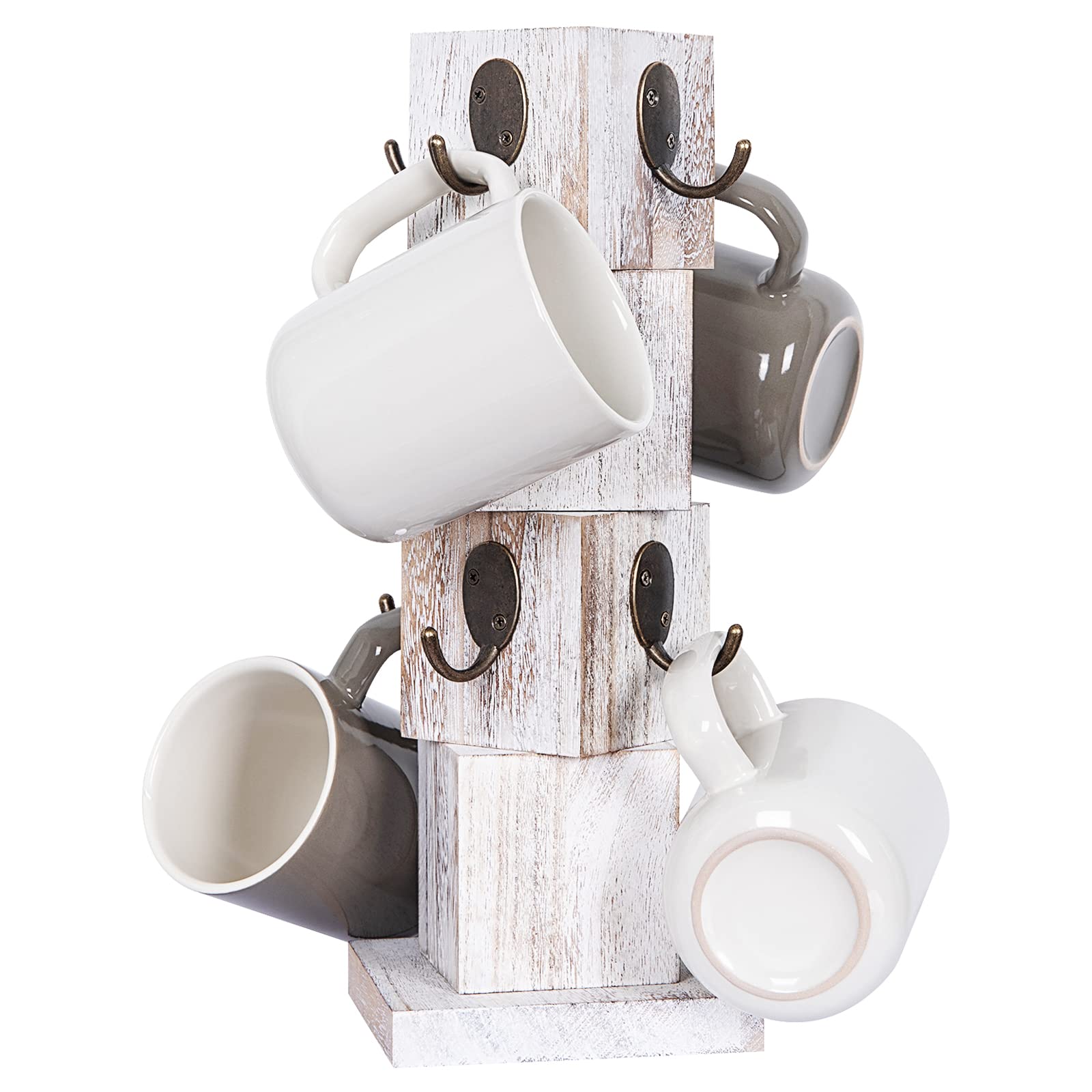 bluegift Coffee Mug Holder Tree, Rustic Solid Wood Mug Tree Stand with 8 Hooks, Farmhouse Coffee Cup Holder for Counter, Mug Hanger for Kitchen Organizer, Farmhouse White