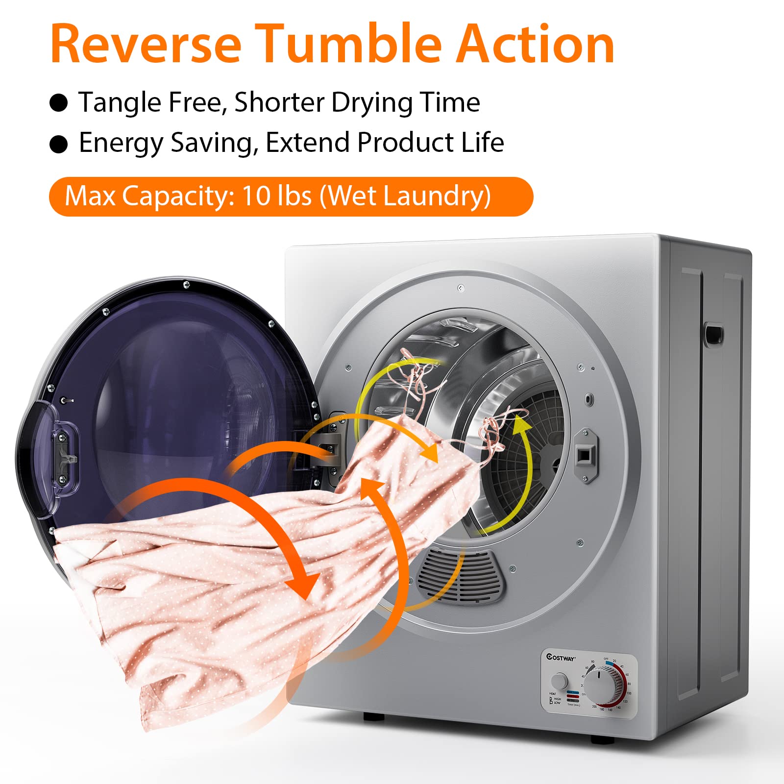 COSTWAY GT-10222US-SL-FPCY, 110V Electric Portable Clothes Stainless Steel Tub, Panel Downside Easy Control for 4 Automatic Drying Mode Compact Laundry Dryer, Silver