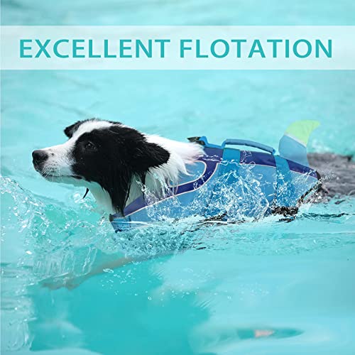 DEENKK Shark Dog Life Jacket Coat Pet Floatation Vests Adjustable Lifesaver Safety Swimsuit Preserver with Rescue Handle for Small Medium Large Dogs Swimming Boating, Blue, M
