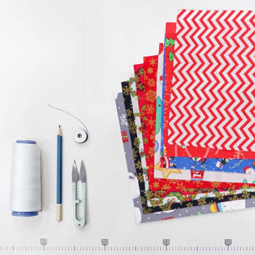 Kisangel Quilting Fabric 9pcs Christmas Cotton Fabric Bundles Square Sewing Precut Patchwork Printed Scraps for DIY Xmas Stocking Tree Wreath Doll Dress Scrapbook 25x25cm (Colorful)