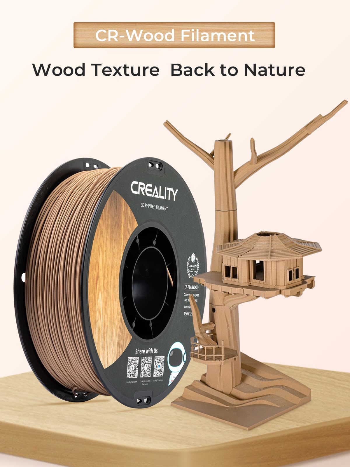 Creality Wood Filament PLA, 3D Printer Filament 1.75 mm, Smooth Silk Texture, Toughness, 1kg(2.2lbs)/Spool Printing Filament, for All FDM Printers (Wood)