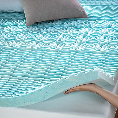 Zinus 1 Inch Green Tea Cooling Gel Memory Foam Zoned Support Mattress Topper, King, Blue