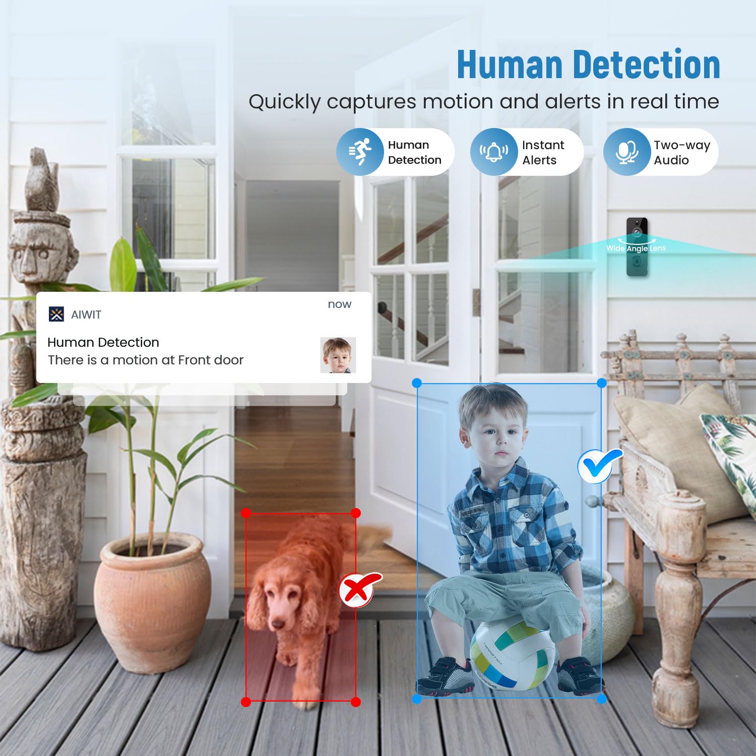 BITEPASS Smart Video Doorbell Camera Wireless with Ring Chime, AI Human Detection, 2-Way Audio, HD Live View, 2.4G WiFi, Night Vision, Cloud Storage, Battery Powered, Indoor Outdoor Surveillance