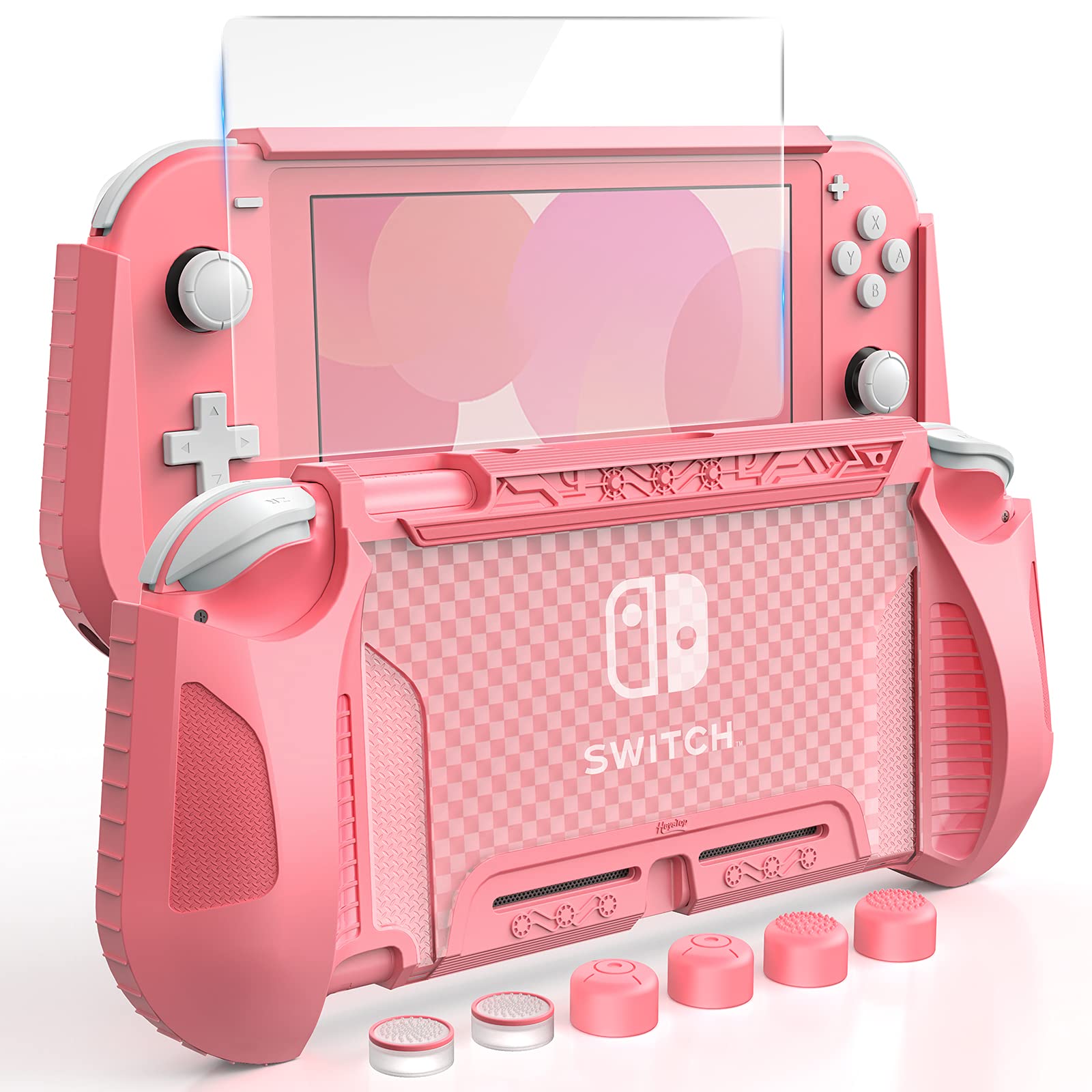 HEYSTOP Case Compatible with Nintendo Switch Lite, with Tempered Glass Screen Protector and 6 Thumb Grip, TPU Protective Cover for Switch Lite with Anti-Scratch/Anti-Dust (Pink)