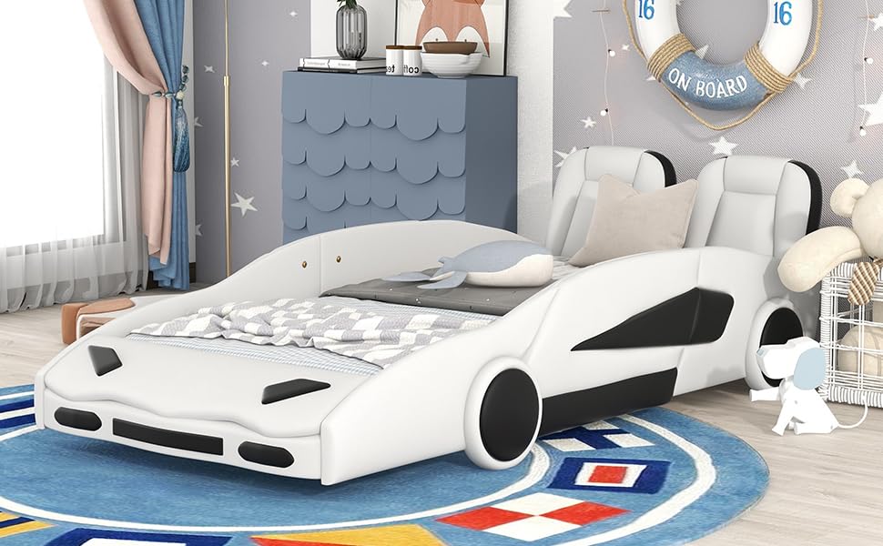 KTTEK Twin Size Race Car-Shaped Platform Bed with Wheels,Cartoon Bed Frame W/Slat Support & Easy to Assemble, for Boys for Kids Teens,White