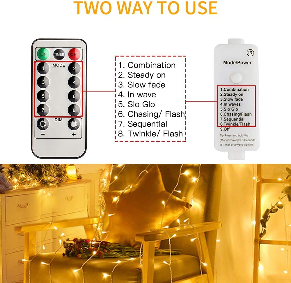 koopower Indoor String Lights, 69ft 200 LED Fairy Lights Plug in with Remote Timer 8 Modes Dimmable Outdoor Hanging Lights for Party, Christmas, Home Decoration, Garden, Patio Warm White