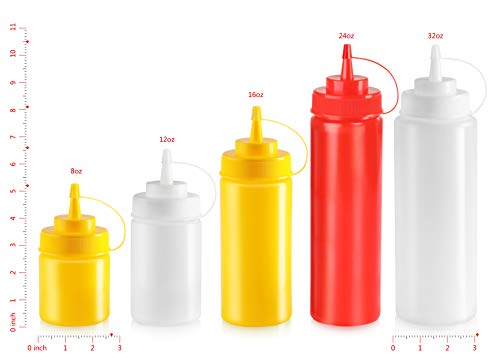 New Star Foodservice 26269 Squeeze Bottles Plastic, Wide Mouth with Caps, 32 oz, Clear, Pack of 6