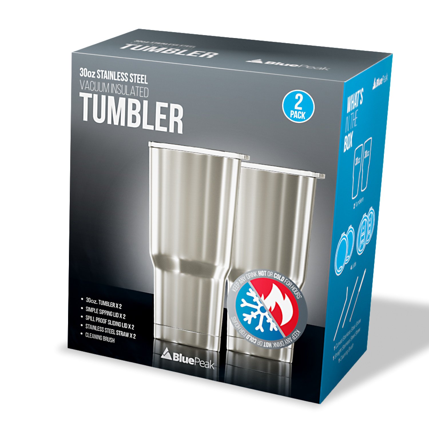 BluePeak Double Wall Vacuum Stainless Steel Insulated Tumblers Set, 2-Pack - Includes 2 Sipping Lids, 2 Spill-Proof Sliding Lids, 2 Straws, 1 Cleaning Brush & Gift Box (30 oz, Black)
