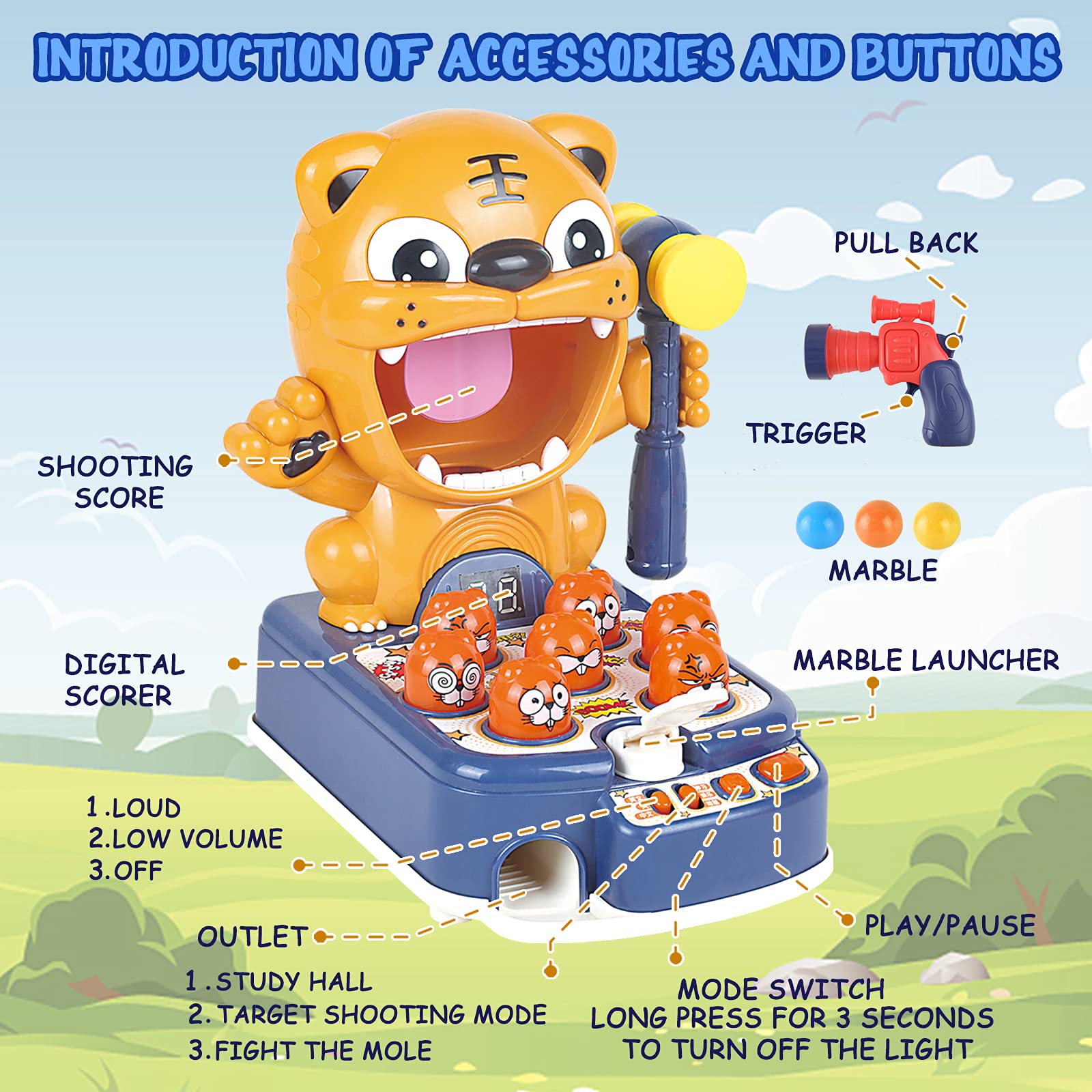 KooQii Whack A Mole Game Toddler Toys with Toy Gun and 2 Hammers Interactive Game for Hammering & Pounding,Target Shooting Early Developmental Fun Gift for 2-3 4 5 6 7 8 Year Old Boys and Girls