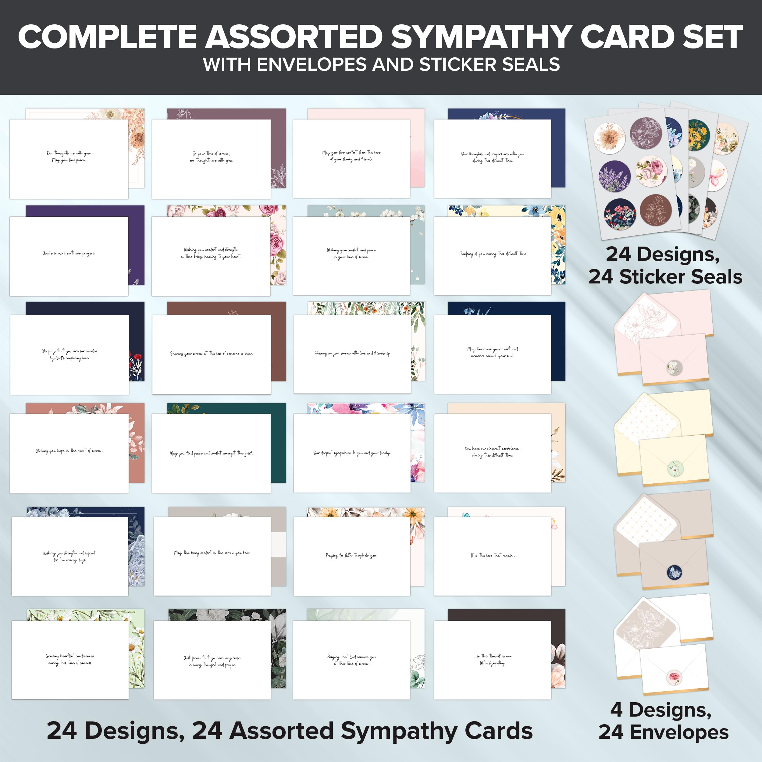 Decorably Assorted Cards with Envelopes & Stickers - 24 Pack Assorted Sympathy Cards with Envelopes, Printed Message Inside Sympathy Cards Assortment Box with Envelopes, 6x4in Pack of Sympathy Cards