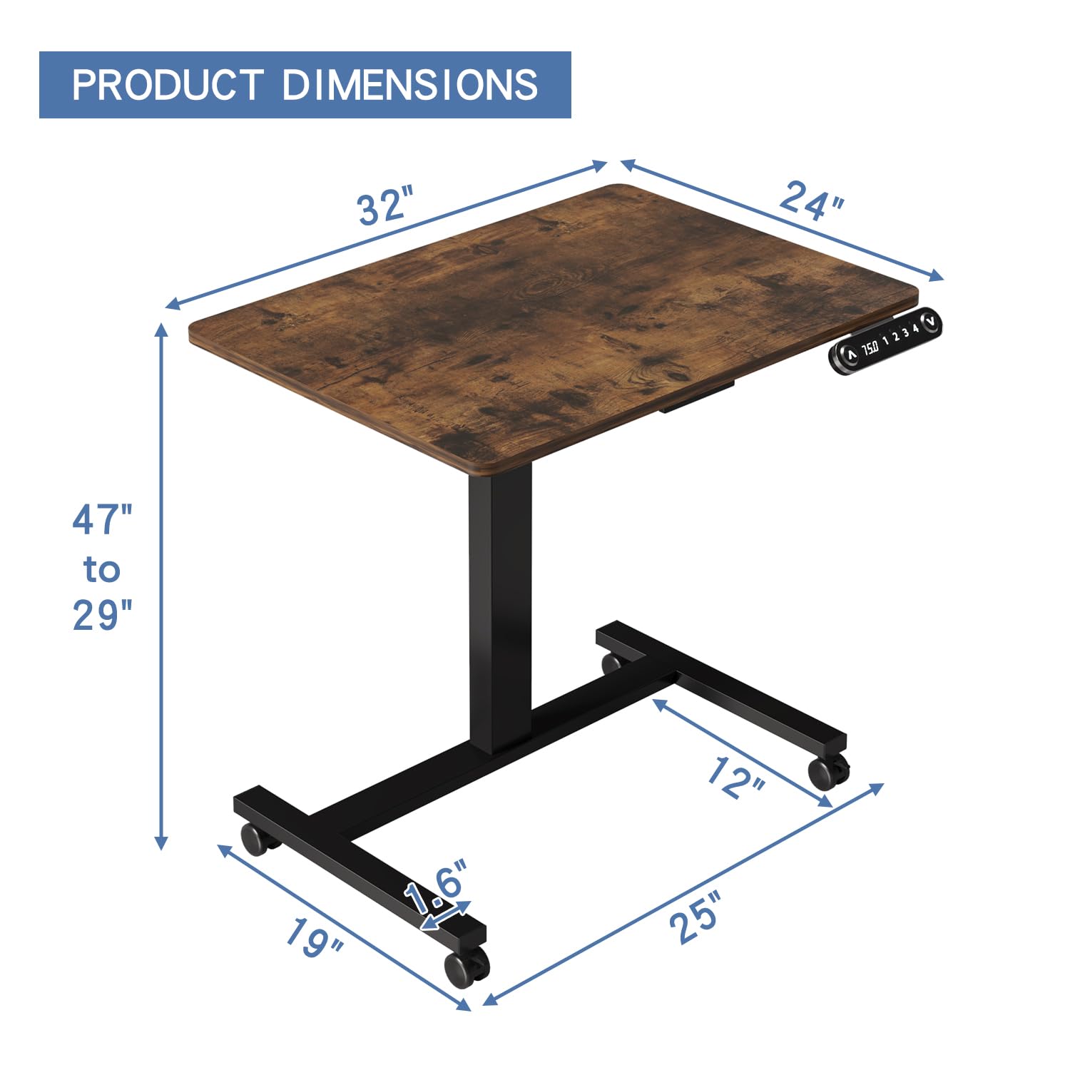 BilBil Electric Standing Desks with Lockable Wheels, 32*24 inch Height Adjustable Sit to Stand Desk, Overbed Laptop Table Desk, Mobile Rolling Desk, Portable Work Table for Home & Office, Rustic Brown