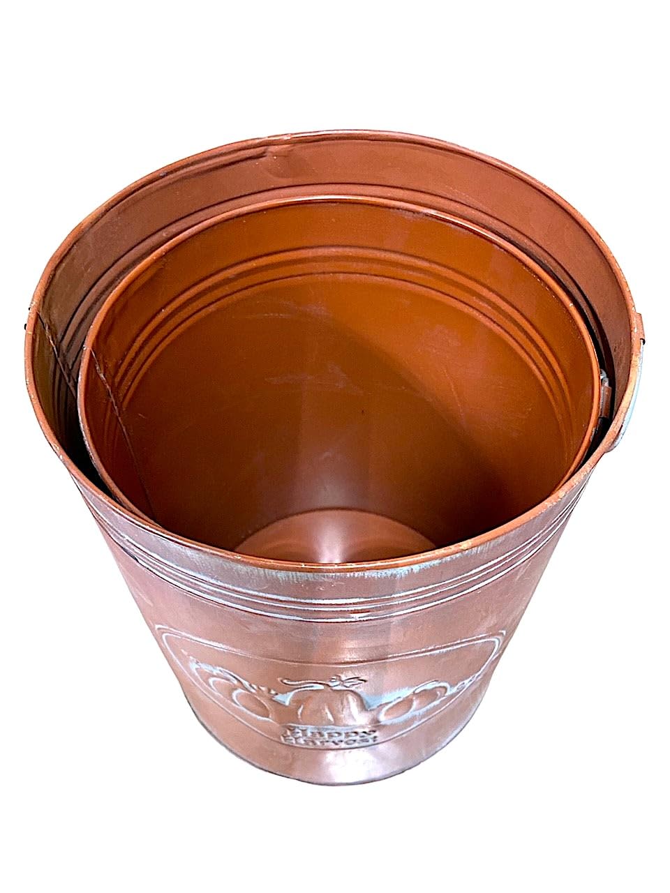 DNS Happy Harvest Buckets Large Metal Galvanized Burnt Orange Pumpkin Theme Containers Thanksgiving Fall Decorative Organizer (Set of 2) 9.2" & 8.8"