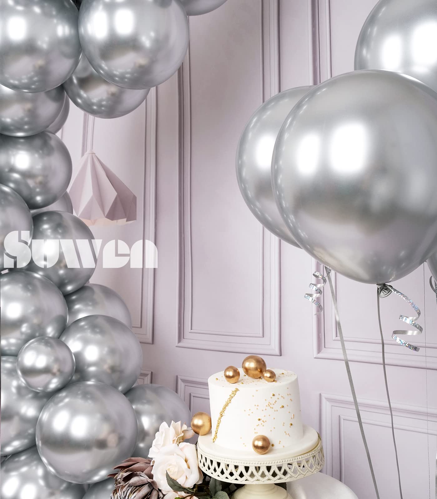 SUWEN Silver Metallic Balloons Kit 67PCS 10 Inch 5 Inch Different Sizes Latex Helium Shiny Chrome Silver Balloons for Birthday Graduation Anniversary Party Decorations