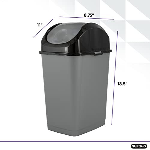 Superio Compact Slim Trash Can 4.5 Gallon With Swing Top Cover (Gray and Black) 18 Liter