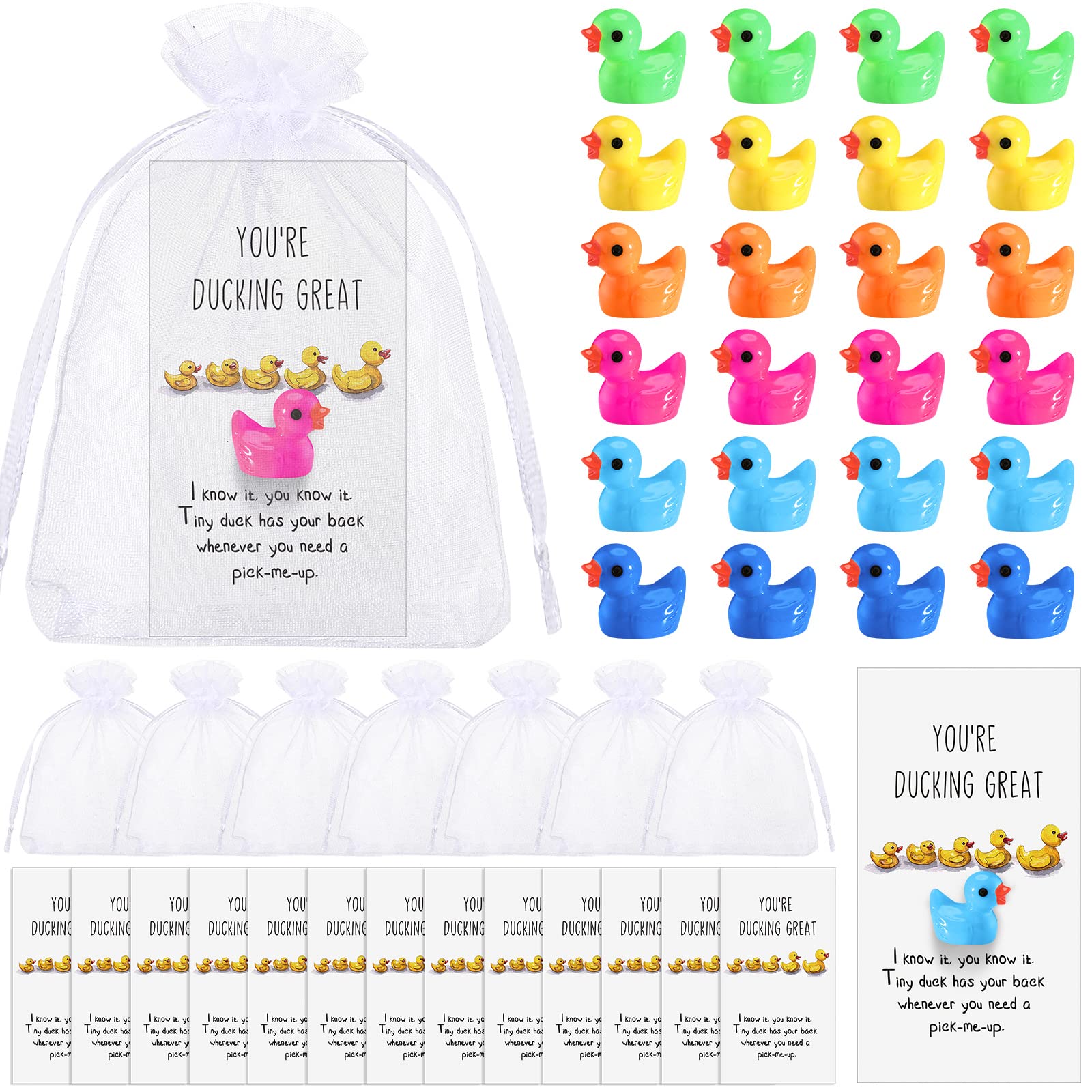 Unittype 24 Sets Inspirational Gift Set You're Great Cheer up Cards Thank You Gift Mini Resin Ducks with Organza Bags Bulk Pocket Favors for Team Students Coworkers Christmas(Colorful)