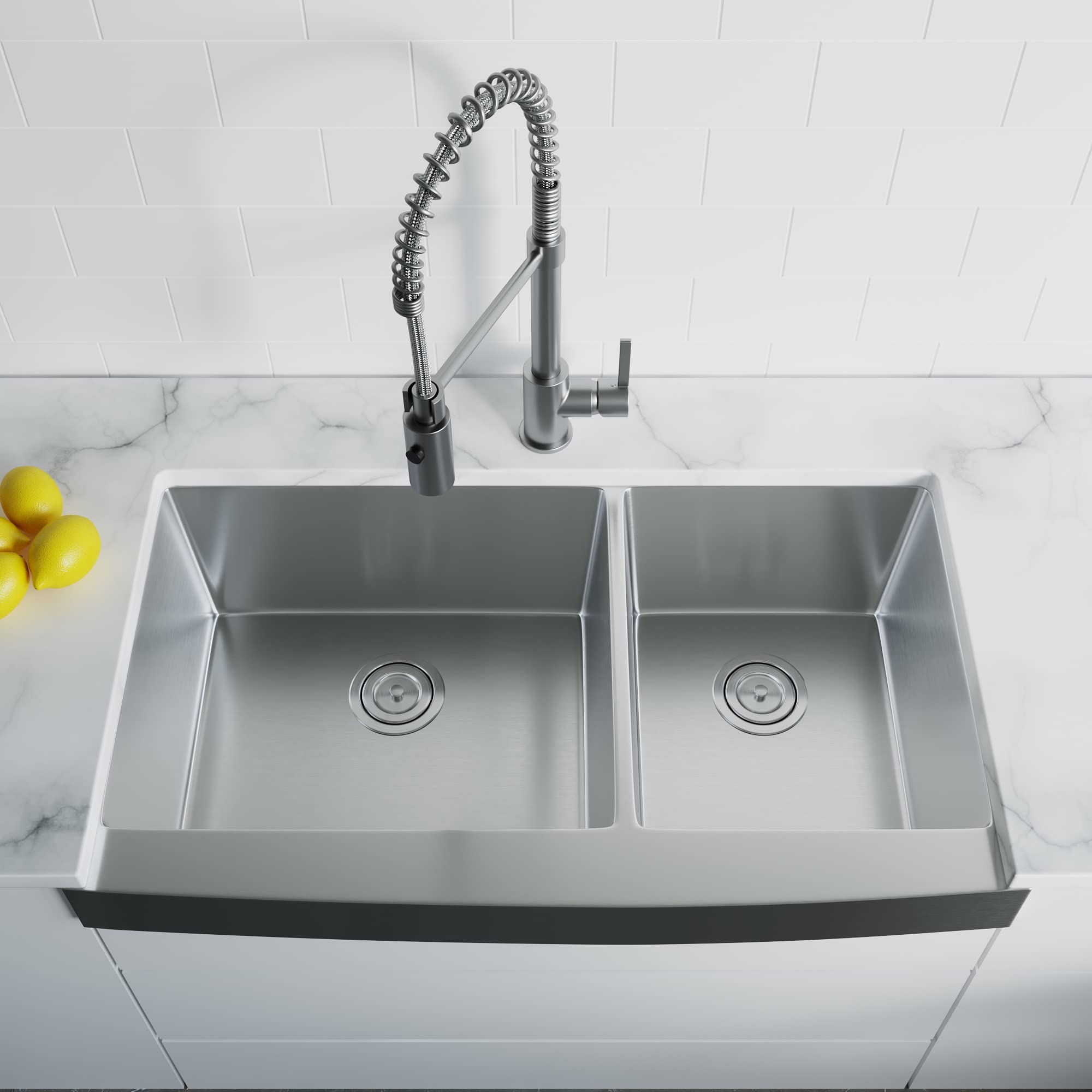 Dowell 10" Deep Apron Front Farmhouse Undermount Double Bowl 35-7/8x20-3/4 Stainless Steel Kitchen Sink (16 Gauge, 6008 3620D)