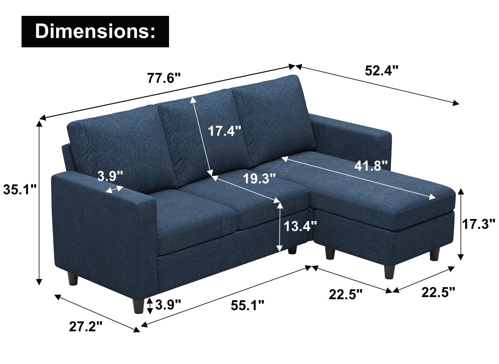 Belffin Convertible Sectional Sofa, L Shaped Modern Couch, Small Couch with Reversible Chaise for Living Room and Small Space, Navy Blue