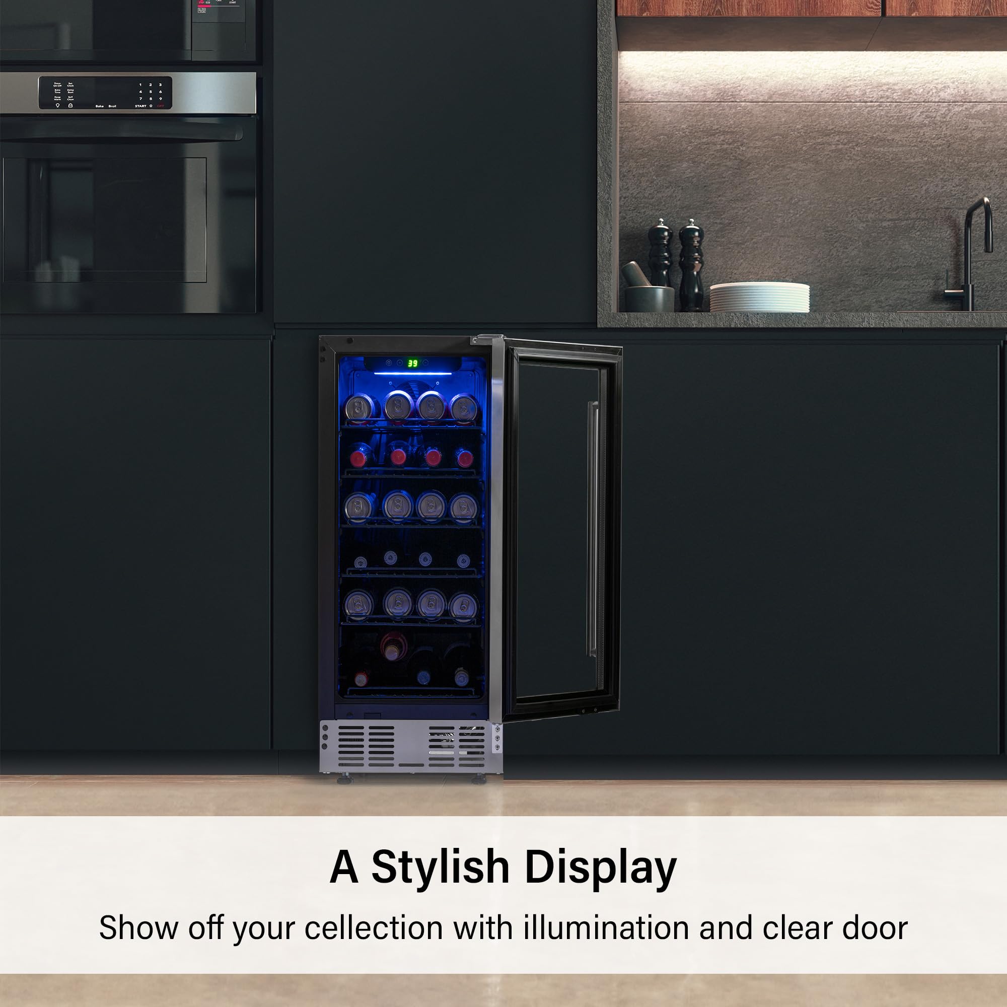 Deco Chef 15-Inch Under Counter Beverage Cooler for Beer, Wine, Sodas, 115 Can Capacity, Digital Touch Temperature Control, Even Forced Air Cooling, 5 Shelves, Large Display Window, Built-In Lighting
