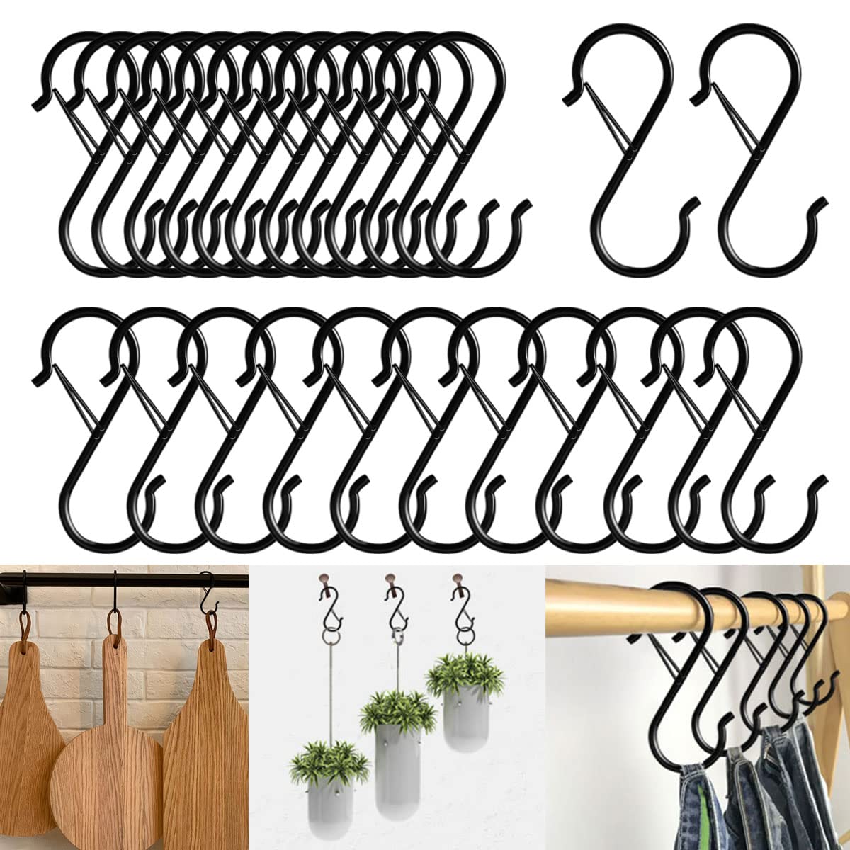 Seamaka 22 pcs 3.5 inch Black S Hooks,Heavy Duty S Shaped Hooks for Hanging Rust-Proof S Hooks with Safety Buckle Design for Hanging Plants Coffee Cups Pots and Pans Clothes Bags in Kitchen Bathroom