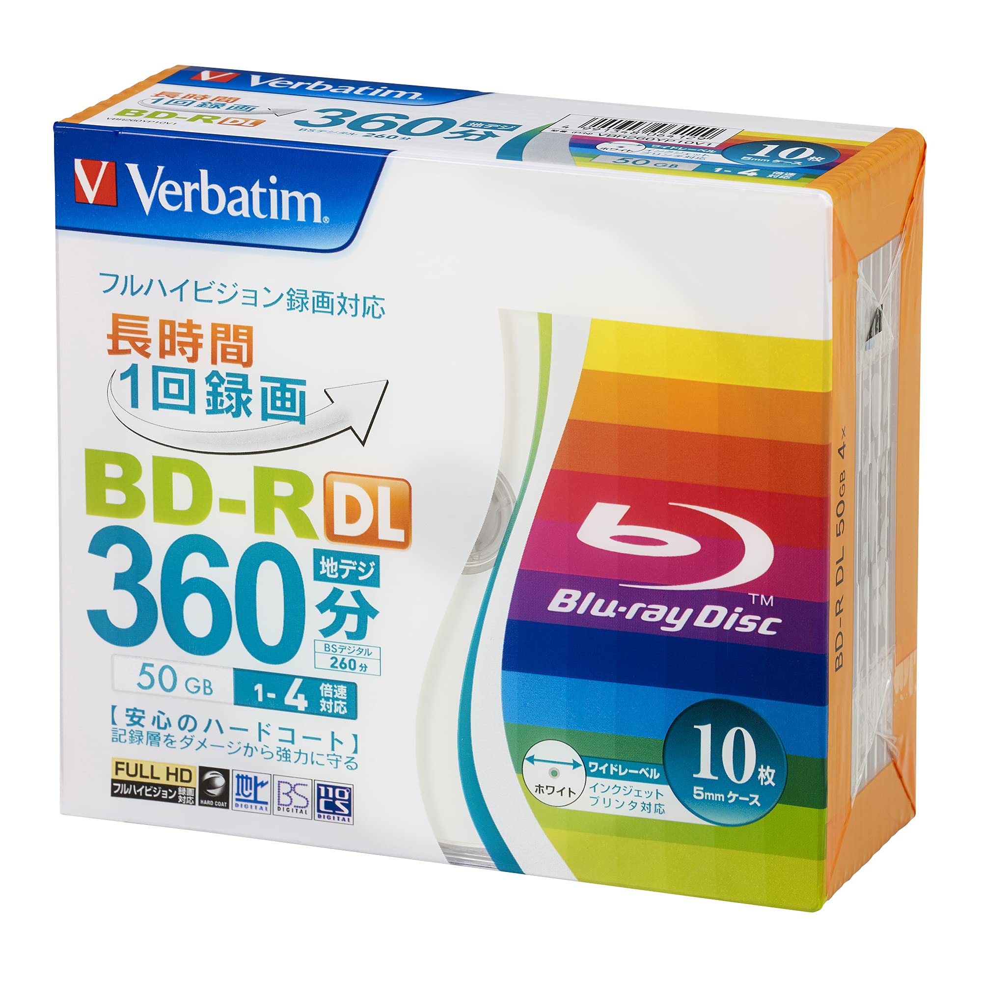 Verbatim VBR260YP10V1 Verbatim Single Recording Blu-ray Disc BD-R DL, 50 GB, 10 Pieces, White Printerable, Double Layer on One Side, 1-4x Speed