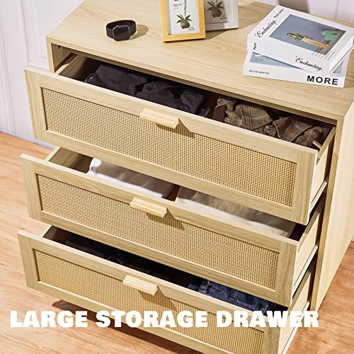 Graficial 3 Drawer Dresser, Rattan Chest of Drawers, Closet Storage Bedside Table Dresser for Bedroom