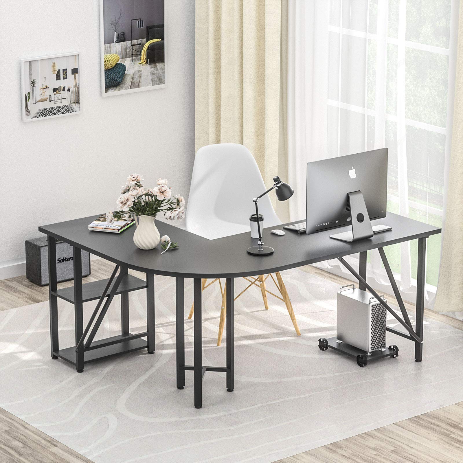 Bizzoelife 59"x55" Large L Shaped Corner Table Computer Desk, Home Office PC Laptop Gaming Desks with CPU Stand and Storage Shelf, Wood & Steel Study Writing Workstation for Space-Saving (All Rustic)