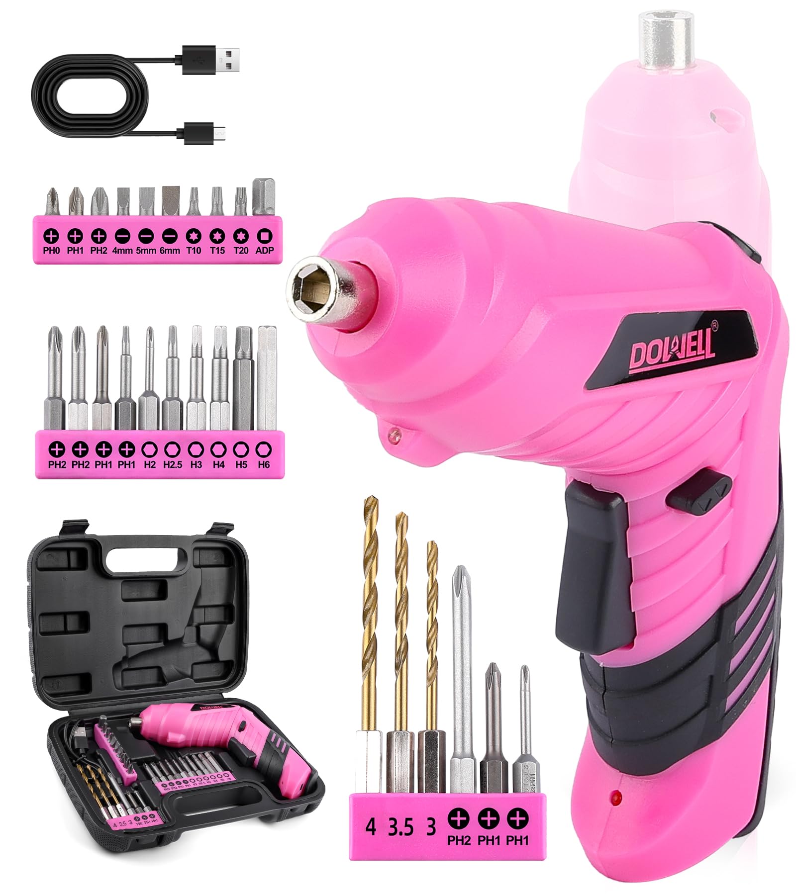 DOWELL Power Electric Cordless Screwdriver Set Rechargeable 3.6V Power Screwdriver Kit Tools for Women with 27pcs Accessories Pink