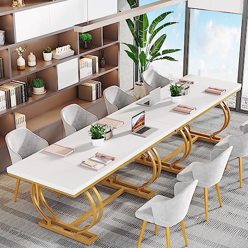 Tribesigns 70.9" Executive Desk, Large Modern Office Desk Computer Desk with Gold Metal Frame, Conference Table Meeting Room Table for Home Office, White and Gold