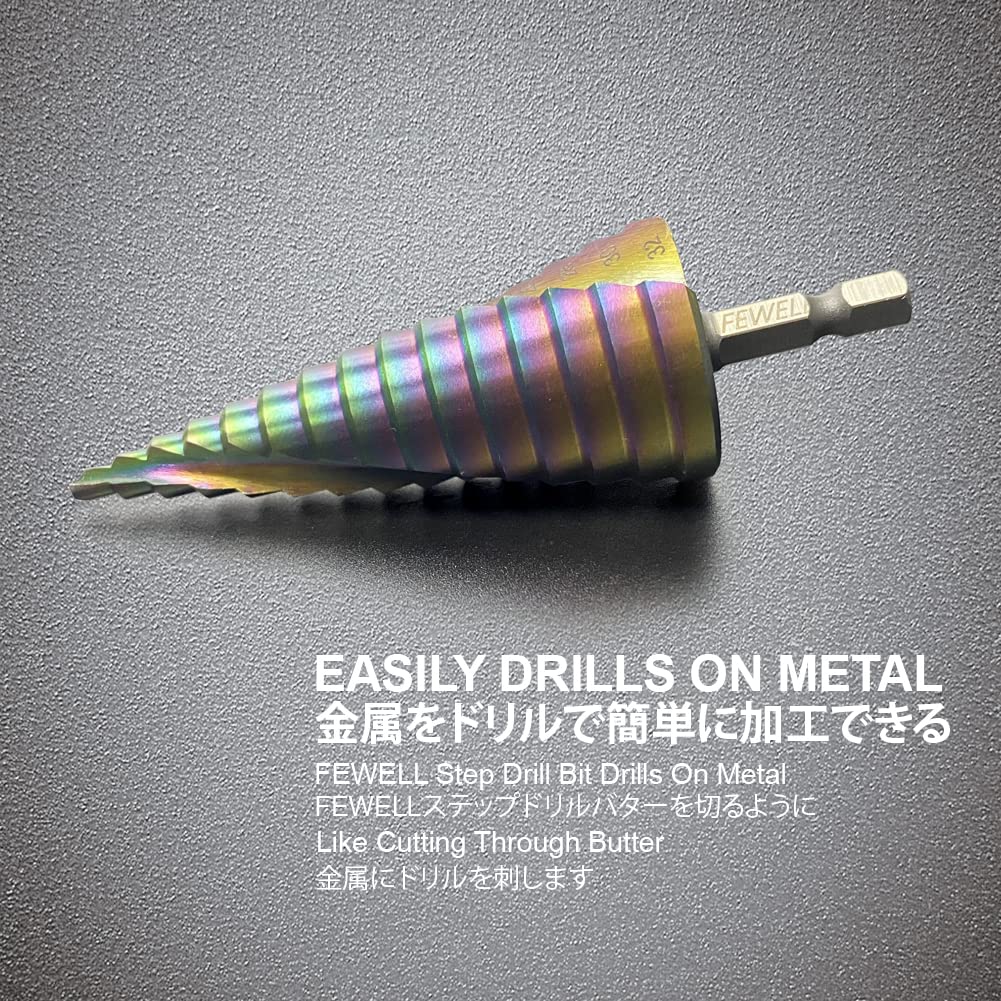 FEWELL M35 Titanium Step Drill Bits 3 Pieces,Spiral Flute Step Bit(4mm—12/20/32mm),Hex Shank Unibit for Metal, Wood, Stainless Steel, Plastic(29 Size)