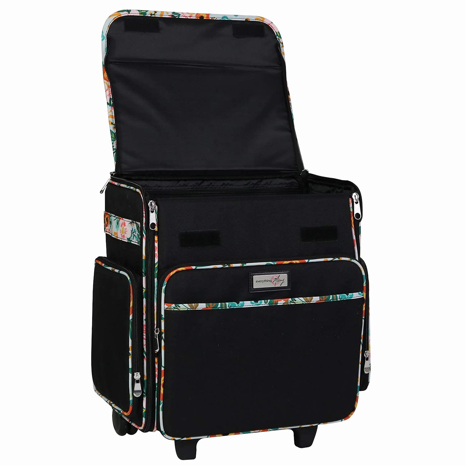 Everything Mary Black & Floral Rolling Scrapbook Storage Tote - Scrapbooking Storage Case for Rings, Paper, Binder, Crafts, Beads, Scissors - Telescoping Handle with Dual Wheels
