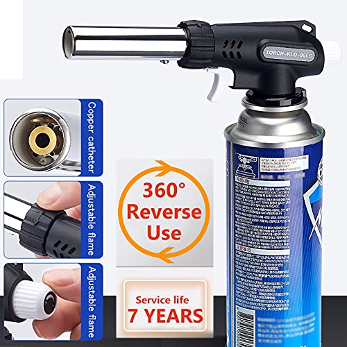 Butane Torch Kitchen Blow Lighter Gas burner - Culinary Torches Chef Cooking Professional Adjustable Flame with Reverse Use, for Creme, Brulee, BBQ, Camp, Baking (Butane Not Included)（Black）