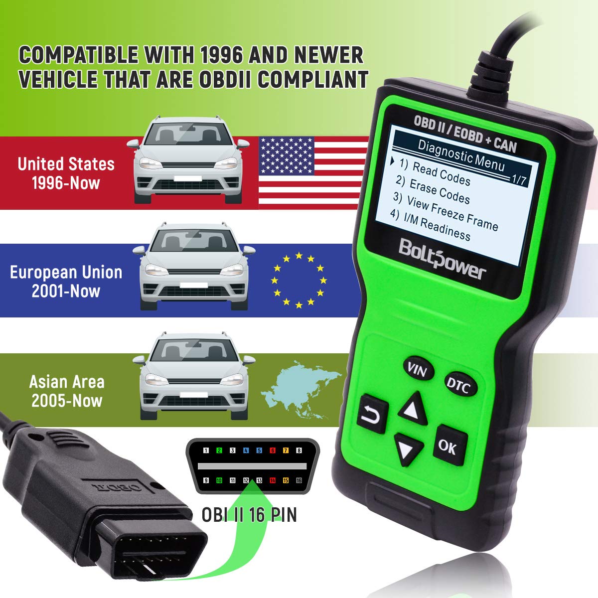 Bolt Power OBD2 Scanner Code Reader, Read and Erase Fault Codes, Automotive Car Emission Monitor, Check Engine Light CAN Diagnostic OBD II Scan Tool for Japanese, European, American Automobiles