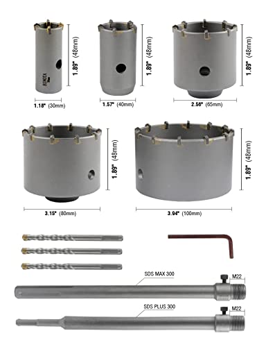 BINOTA Concrete Hole Saw, Kit 30 40 65 80 100 MM, Arbor SDS Plus and MAX 300mm, for Masonry Cement Wall Brick Sands Stone Sable-Rock Self-Leveling