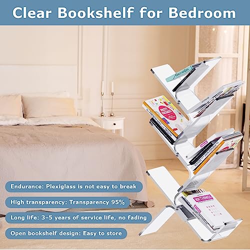 Nalwort Acrylic Tree Bookcase, 6 Tier Standing Bookshelf, Tree Bookshelf, Clear Modern Book Shelf Organizer, Storage Rack for Bedroom, Open Bookcase for Living Room, Office