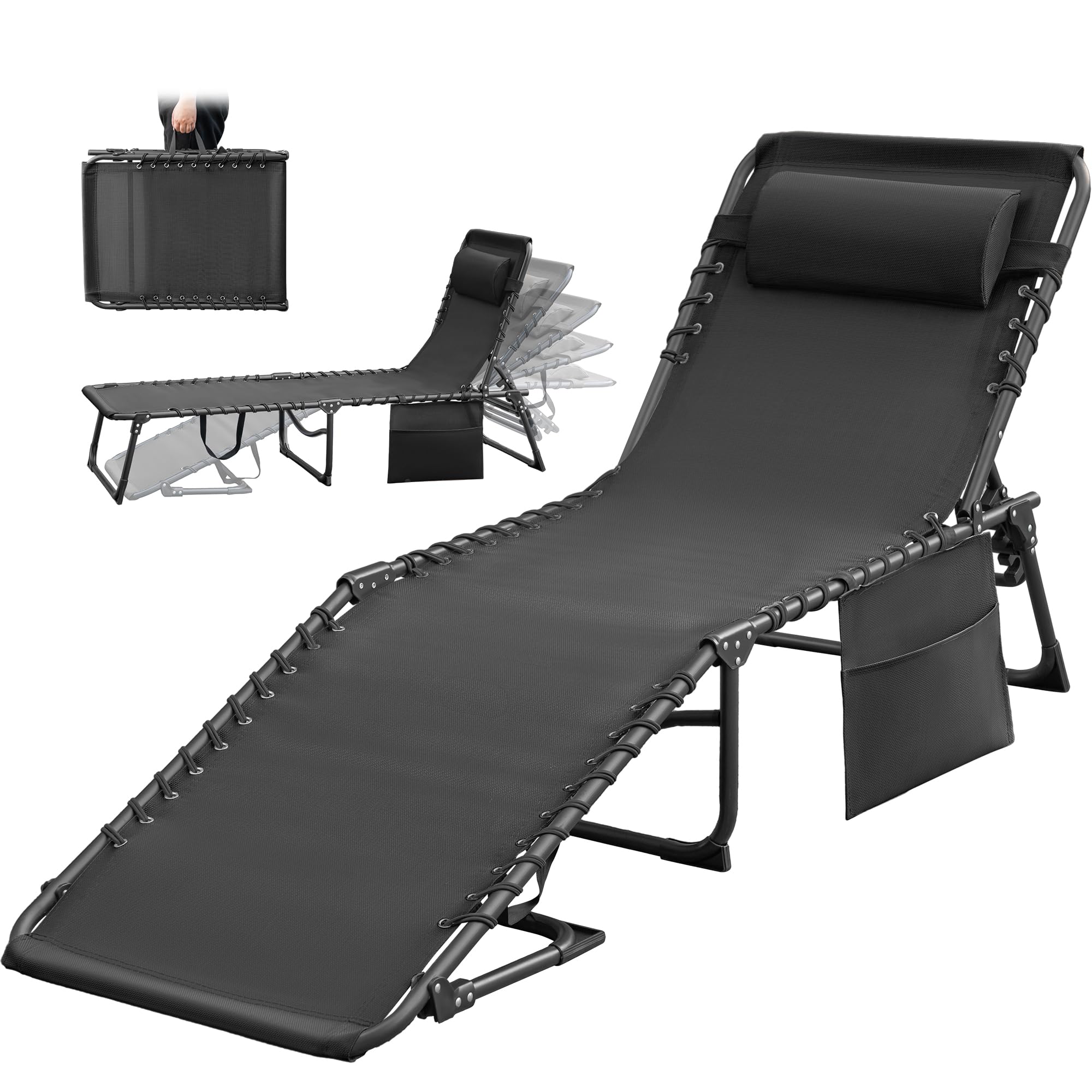 Greesum Chaise Lounge Folding Tanning Chair with 5 Position Adjustable Back, Detachable Pillow & Pocket for Outside Pool, Beach, Sunbathing, Beige w/Face Hole