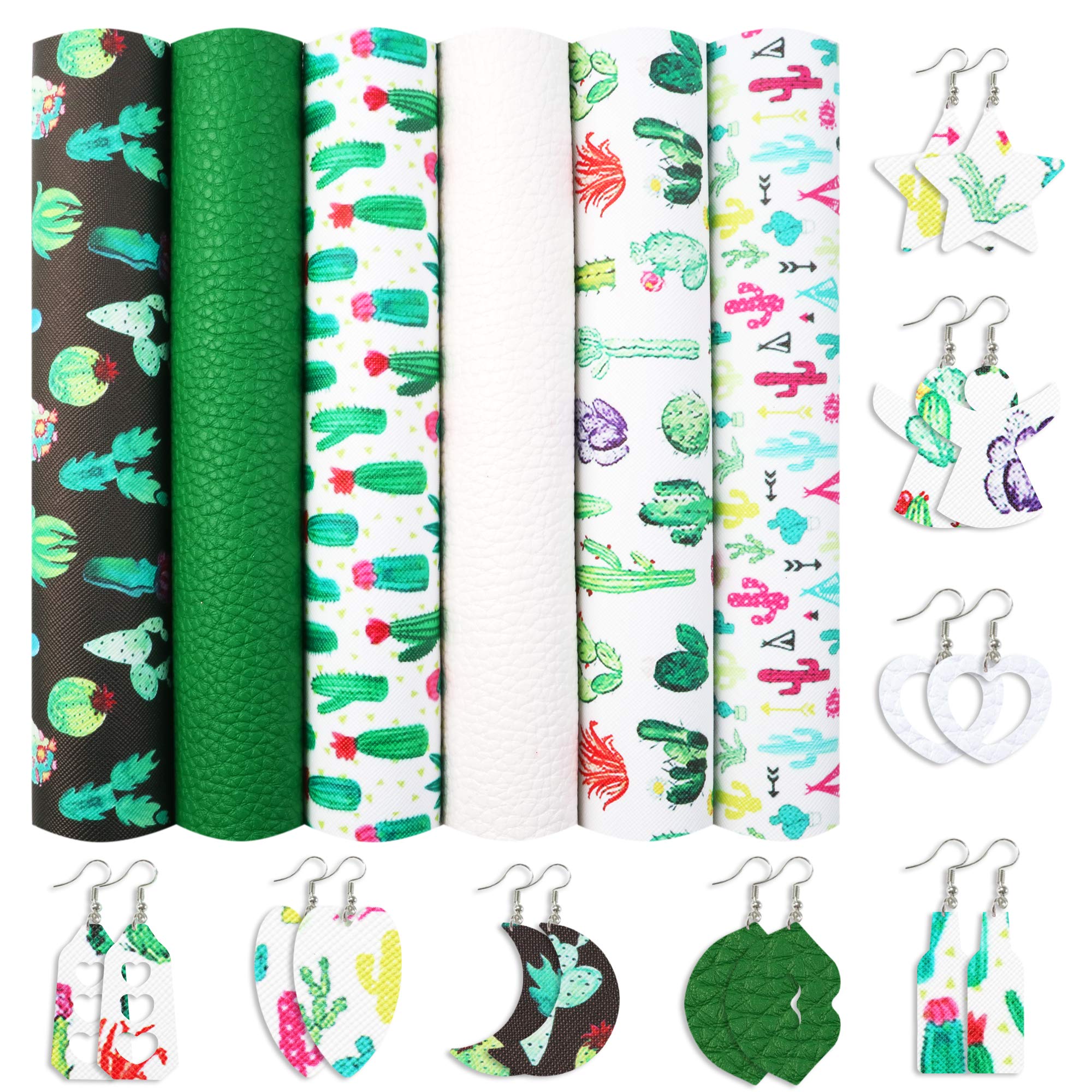 David accessories 6 Pcs 7.7"x12.9" (20 cm x 33 cm) Lychee Pattern Plant Cactus Printed Faux Leather Fabric Sheets Include 2 Kinds of Leather Fabric for DIY Bows Earrings Making Crafts (Cactus)