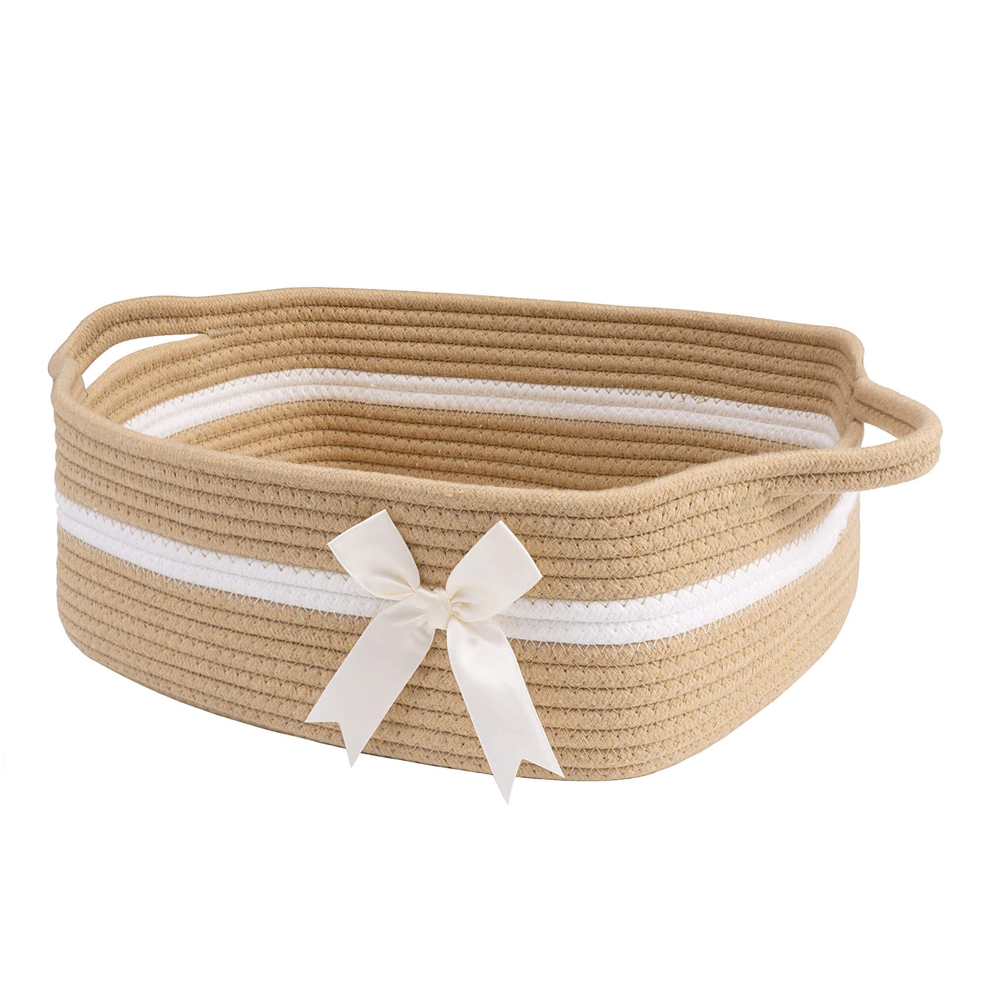 CHICVITA Small Woven Rope Gift Basket, Baby Nursery Storage Basket for Towels, Snacks, Toys, Diapers, Rectangle Shelf Basket for Bathroom, Cute Brown Basket, 13 x 9.8 x 5 inches