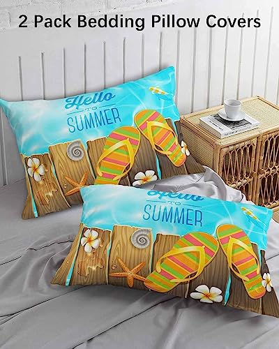 Edwiinsa Hello Summer Pillow Covers King Standard Set of 2 20x36 Bed Pillow, Tropical Ocean Starfish Slippers Spring Floral Plush Soft Comfort for Hair/Skin Cooling Pillowcases with Envelop Closure