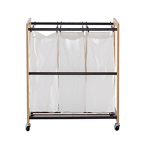 TRINITY 3-Bag Bamboo Laundry Cart, Laundry-Room Organization and Dirty Clothes Hamper with Wheels for Bedroom, Closet, Dorm Room and More, Bronze Poles