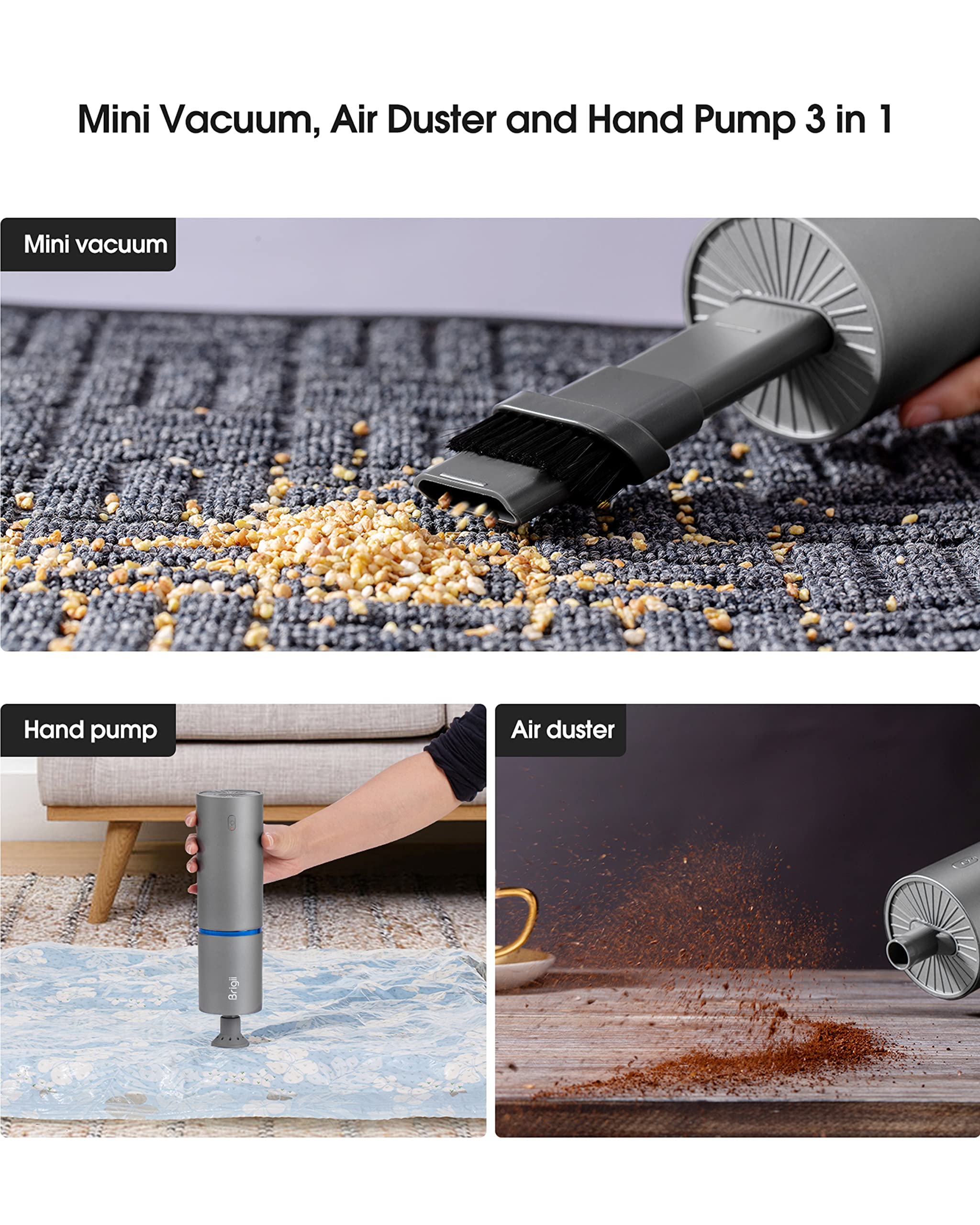 Brigii Mini Vacuum, Air Duster and Hand Pump 3 in 1, Cordless Handheld Vacuum, USB Rechargeable, Easy to Clean Desktop, Keyboard, Drawer, Car Interior and Other Crevices, Small Spaces -Y120 Pro