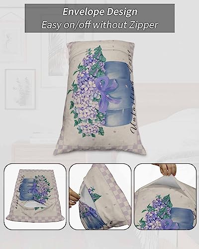 Edwiinsa Spring Floral Pillow Covers Standard Size Set of 2 Bed Pillow, Rustic Purple Plaid Summer Flowers Plush Soft Comfort for Hair/Skin Cooling Pillowcases with Envelop Closure 20''x26''