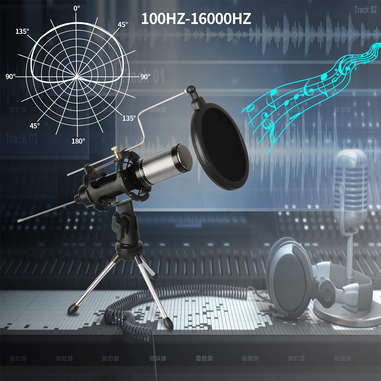 Bomaite Professional Microphone Condenser for Computer PC with USB Plug Stand YouTube Facebook Skype Games Broadcasting Recording Microphone Karaoke Mic