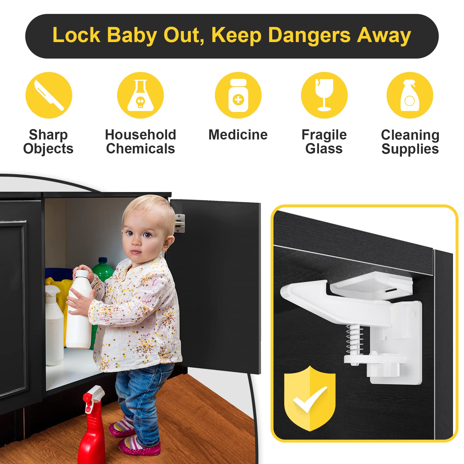 Child Proof Cabinet Latches, Invisible Cabinet Locks for Babies with Disengaged Mode, Stronger 3M Adhesive, Upgraged Child Safety Locks Fit for Large Cabinets and Drawers, No Drilling (10 Pack)