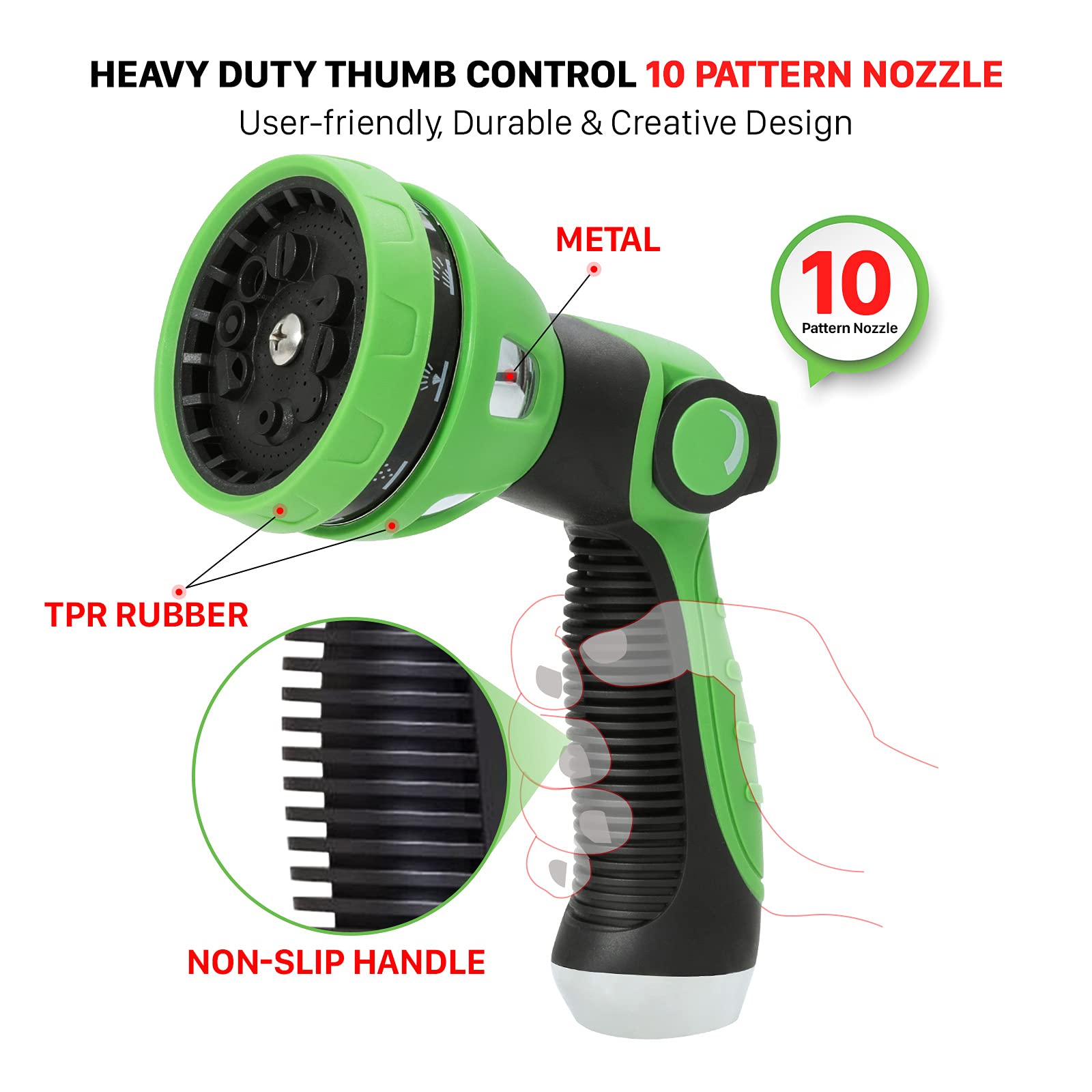 Garden Hose Nozzle, 10 Patterns Metal Water Hose Nozzle Heavy Duty Hose Spray Nozzle with Thumb Control for Watering Lawns,Car Washing,Bathing Pets Green